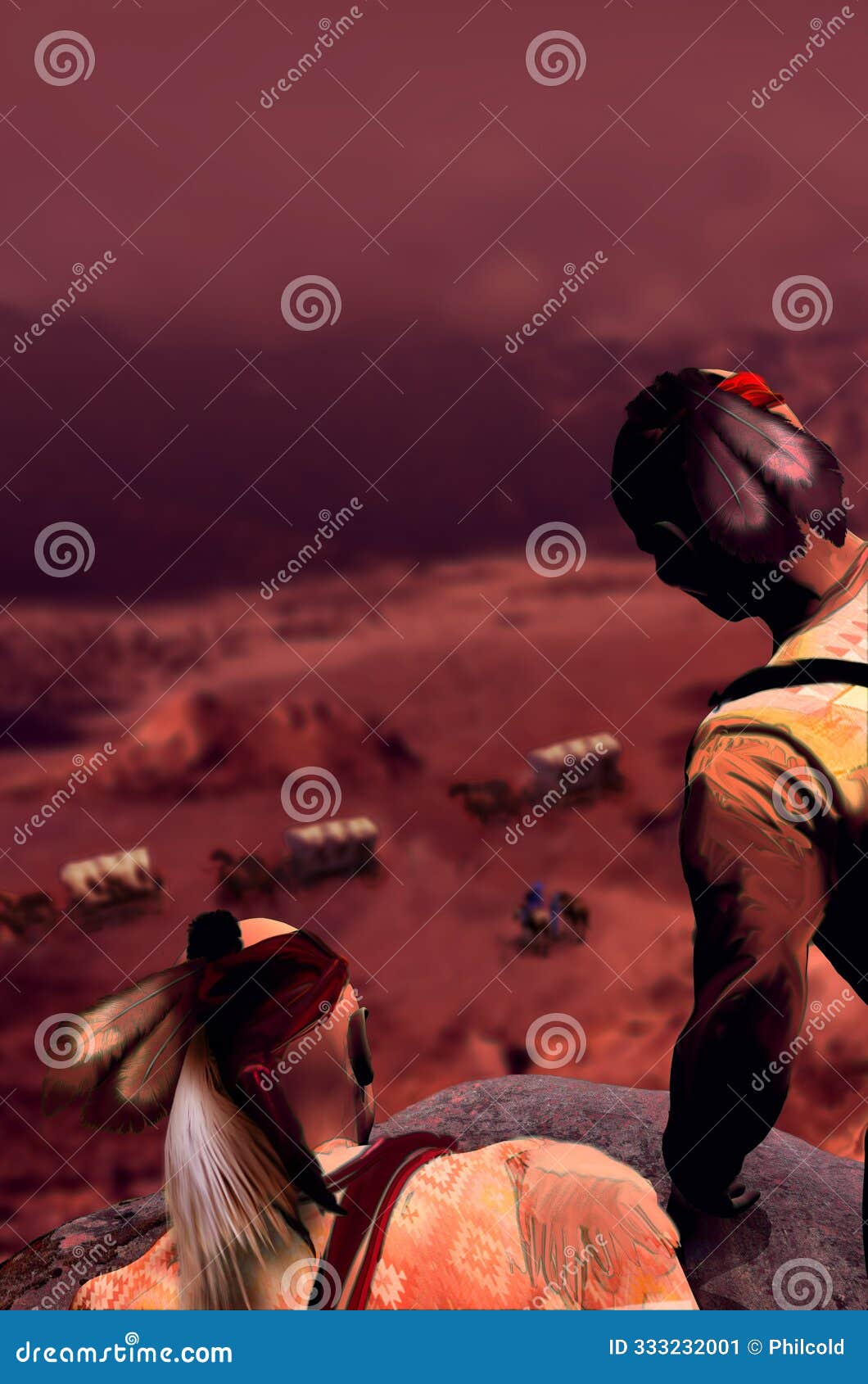 Wagon train before attack stock illustration. Illustration of mountain ...