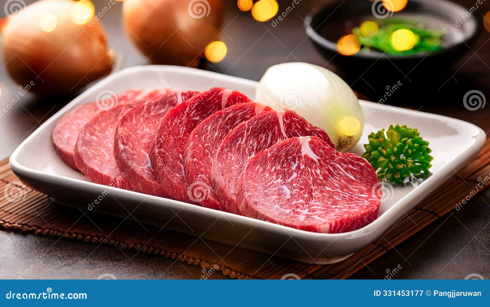 Wagyu Beef Presentation Japanese Onions on Plate Stock Illustration ...
