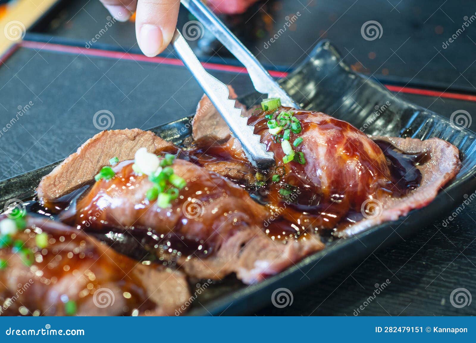 Wagyu Beef Sushi Topped with Spring Onions Stock Image - Image of grill ...