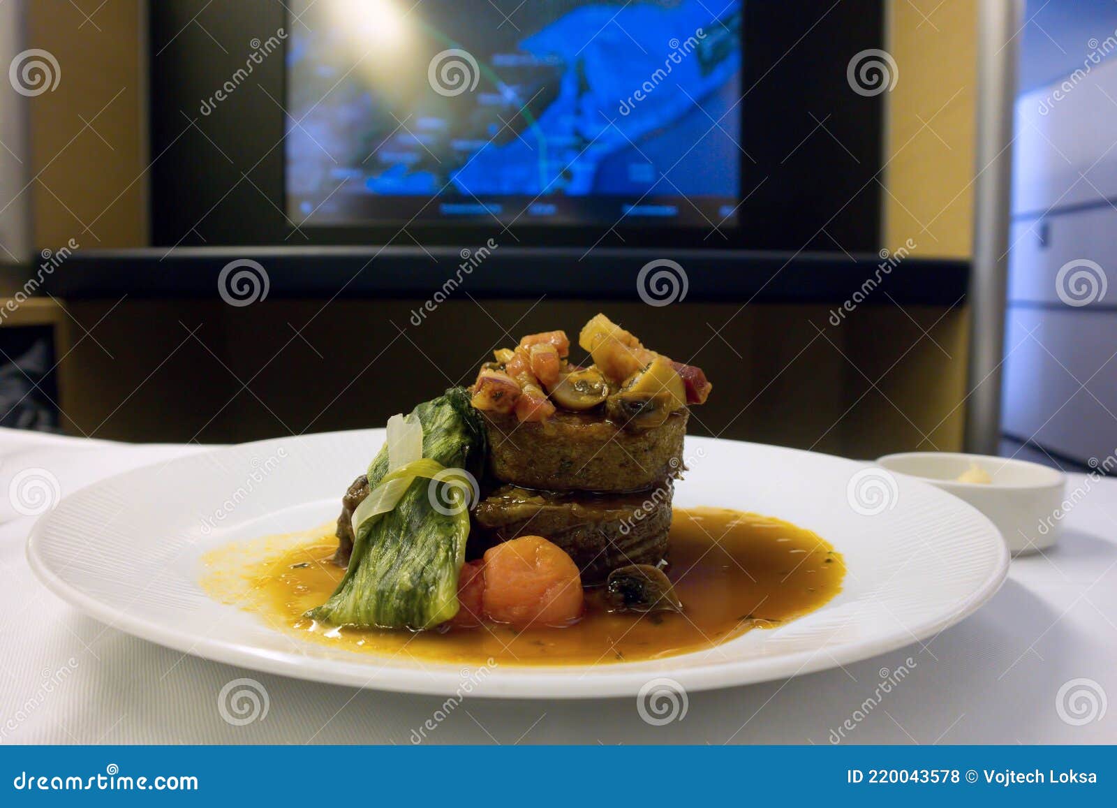 Wagyu steak on a plane stock photo. Image of flight - 220043578