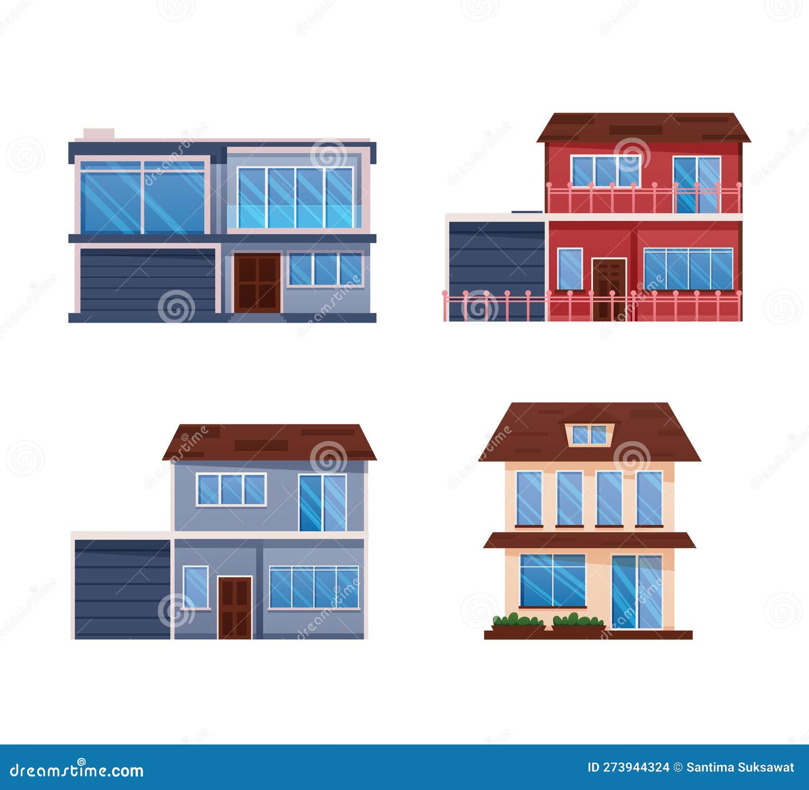 Residential Houses Exterior Flat Style Vector Illustration Stock Vector ...