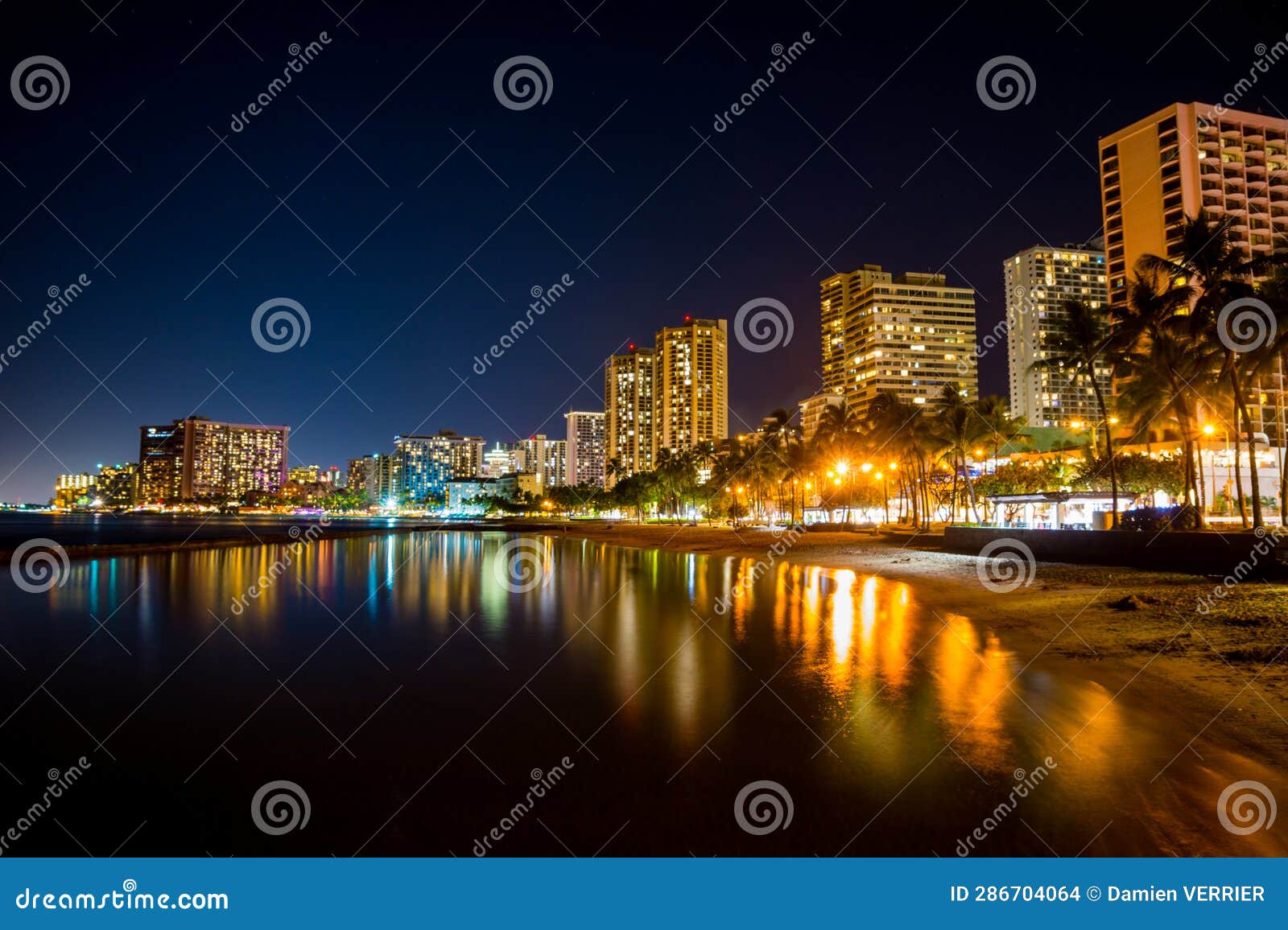 Waikiki Beach at Night, Honolulu, Oahu, Hawaii Stock Photo - Image of ...