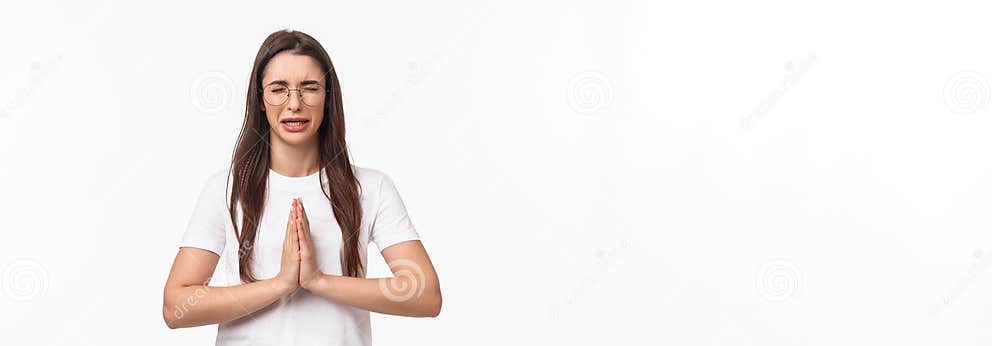 Waist Up Portrait Of Desperate Hopeful Young Cute Girl Sobbing And