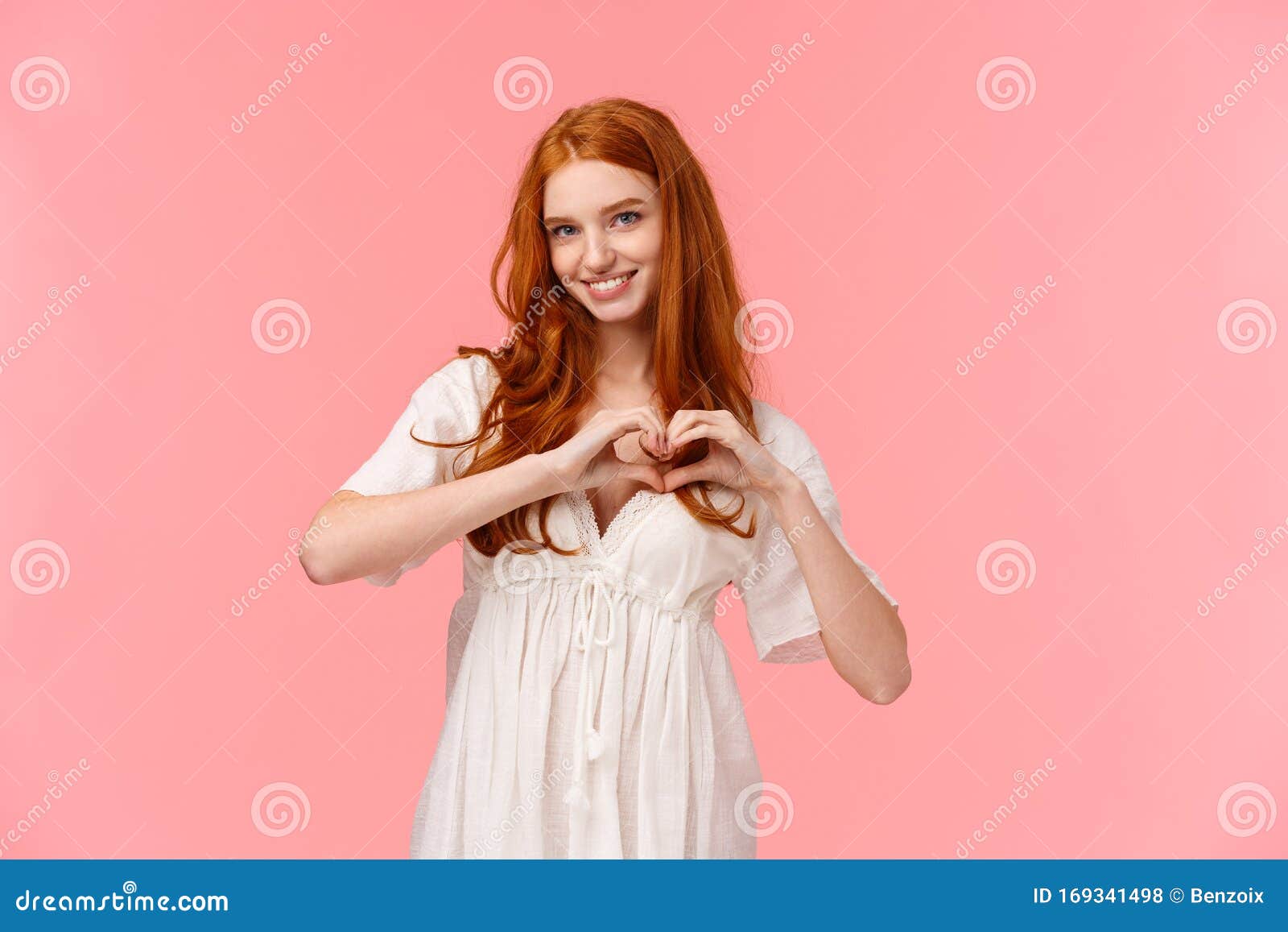 Waist Up Portrait Lovely Sensual Redhead Girlfriend In White Dress