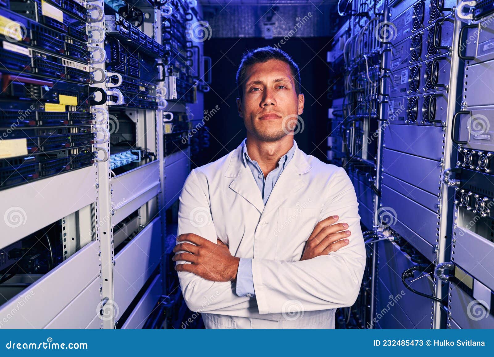 It Engineer in Lab Coat Standing in Server Room Stock Image - Image of ...