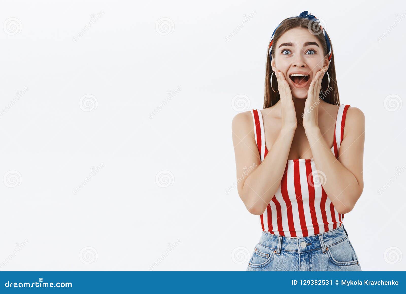 Waist Up Shot Of Excited Surprised And Happy Attractive Woman In