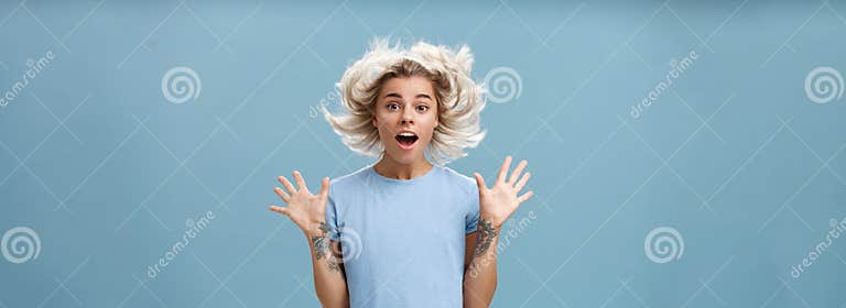 Waist Up Shot Of Impressed Surprised Attractive And Cute Girl With