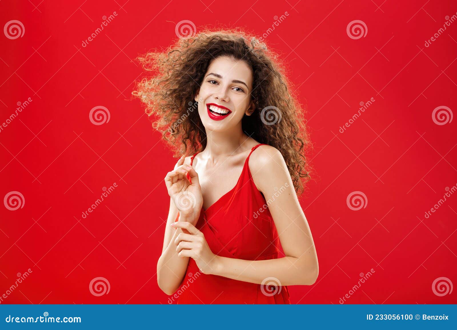 Waist Up Shot Of Tender And Elegant Carefree Happy Woman With Curly
