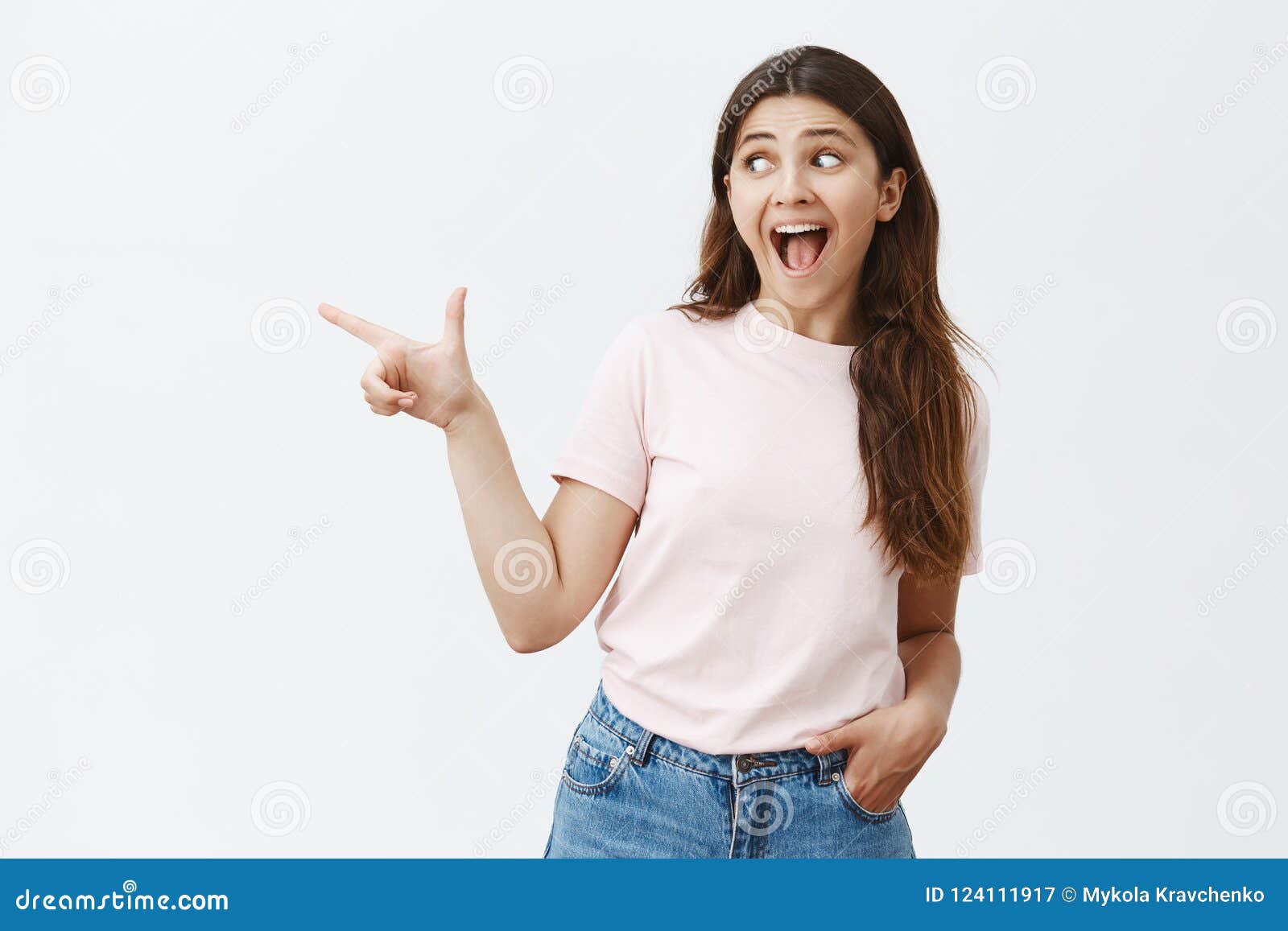 Waist Up Shot Of Thrilled And Amused Excited Good Looking Woman With