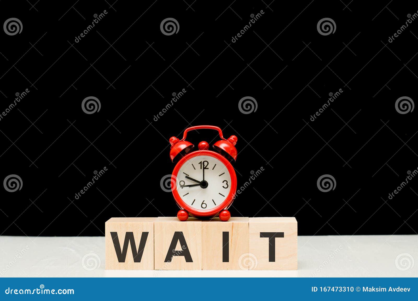 Wait. Waiting. Red Clock and Wooden Figures on Black Background. Stock ...