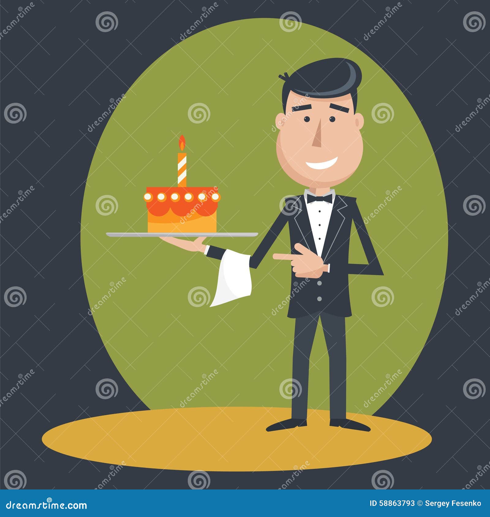 Waiter with Birthday Cake . Stock Vector - Illustration of cream, dish ...