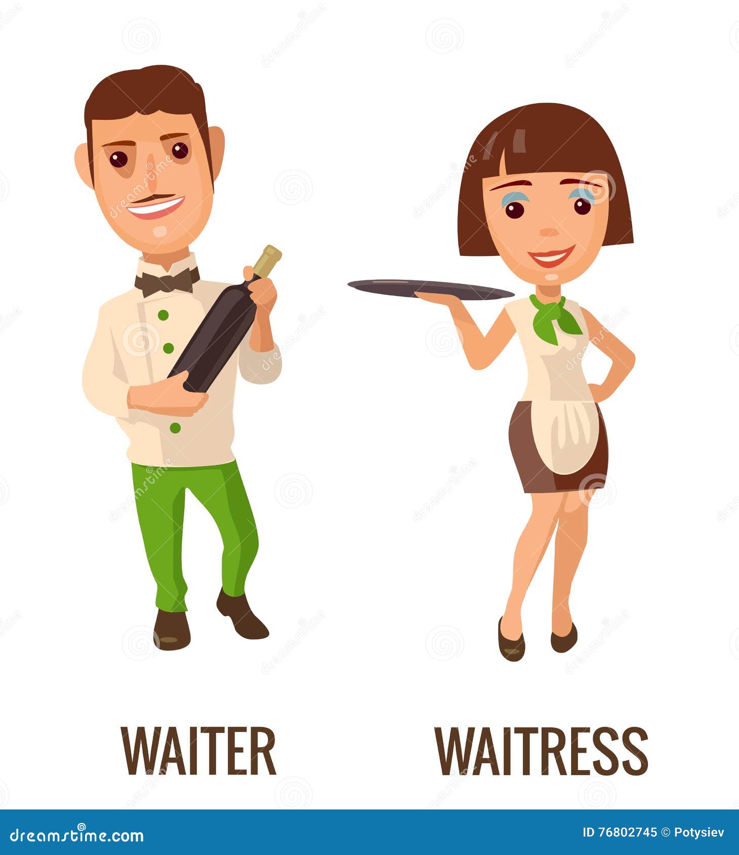 Waiter with Bottle Wine. Waitress with Tray. Vector Flat Illustration ...