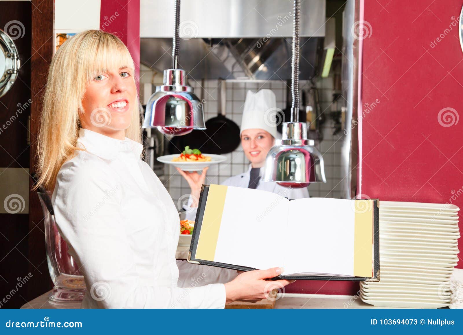 Waiter and Chef in Restaurant Stock Image - Image of female, indoors ...