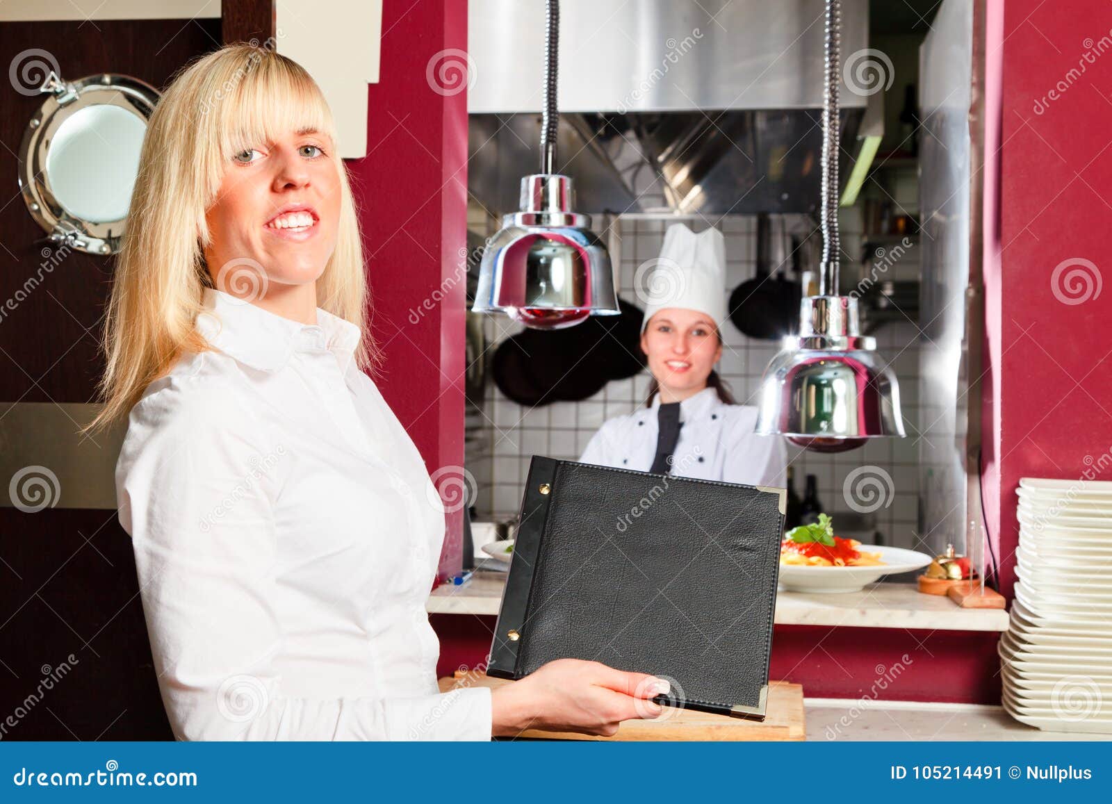 Waiter and Chef in Restaurant Stock Image - Image of female, cafe ...