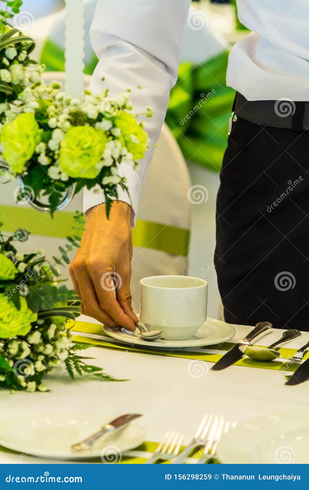 Waiter Decorate and Setting Party Dinner Table in Restaurant Stock ...