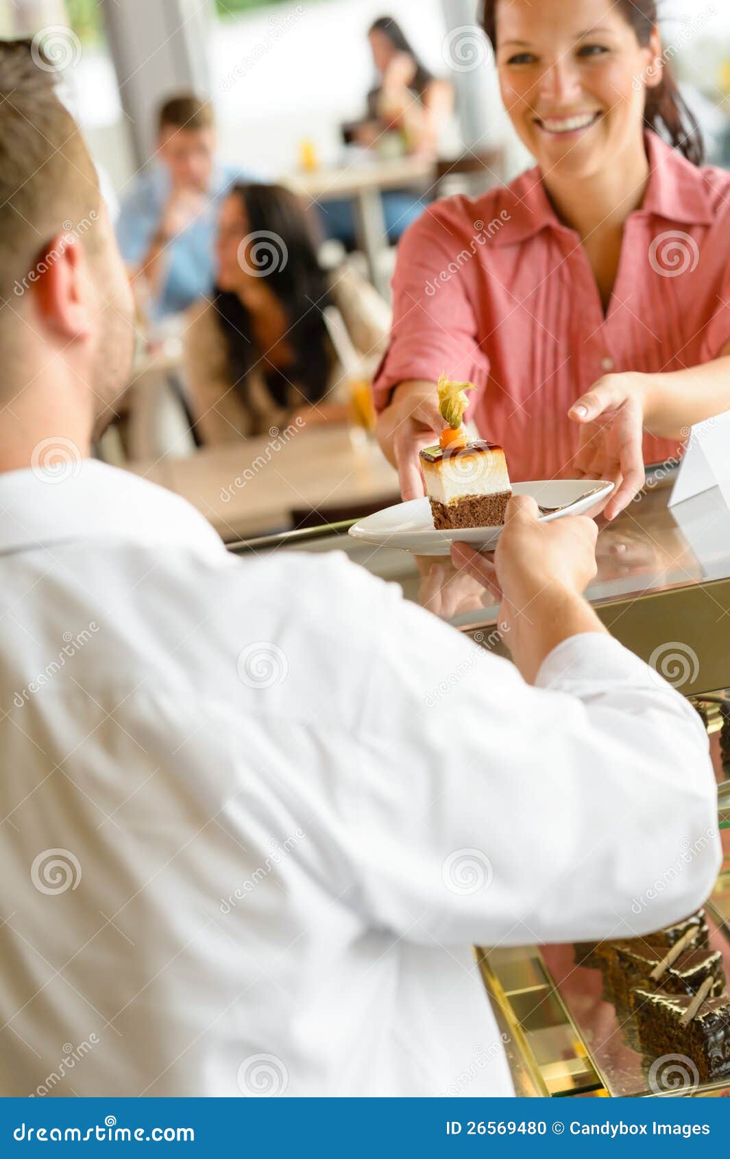 Waiter Giving Woman Cake Plate at Cafe Stock Photo - Image of ...