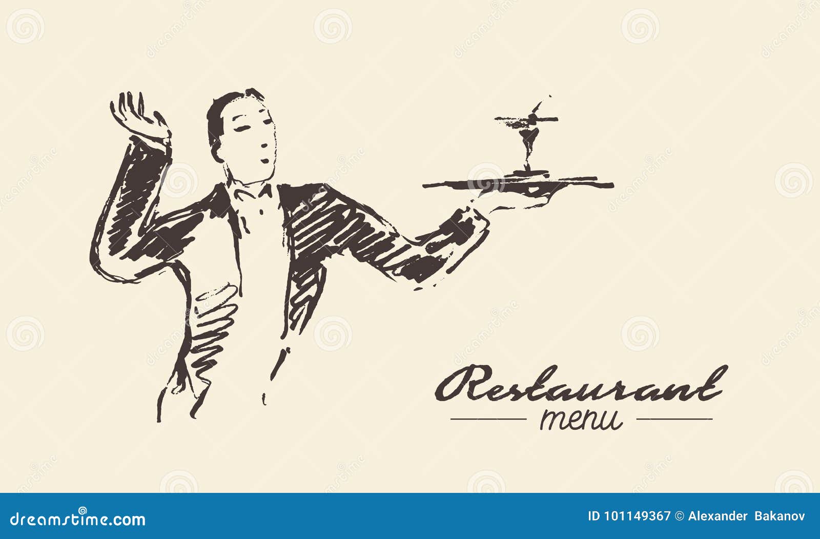 Waiter Holding Tray Cocktail Drawn Vector Sketch Stock Vector ...