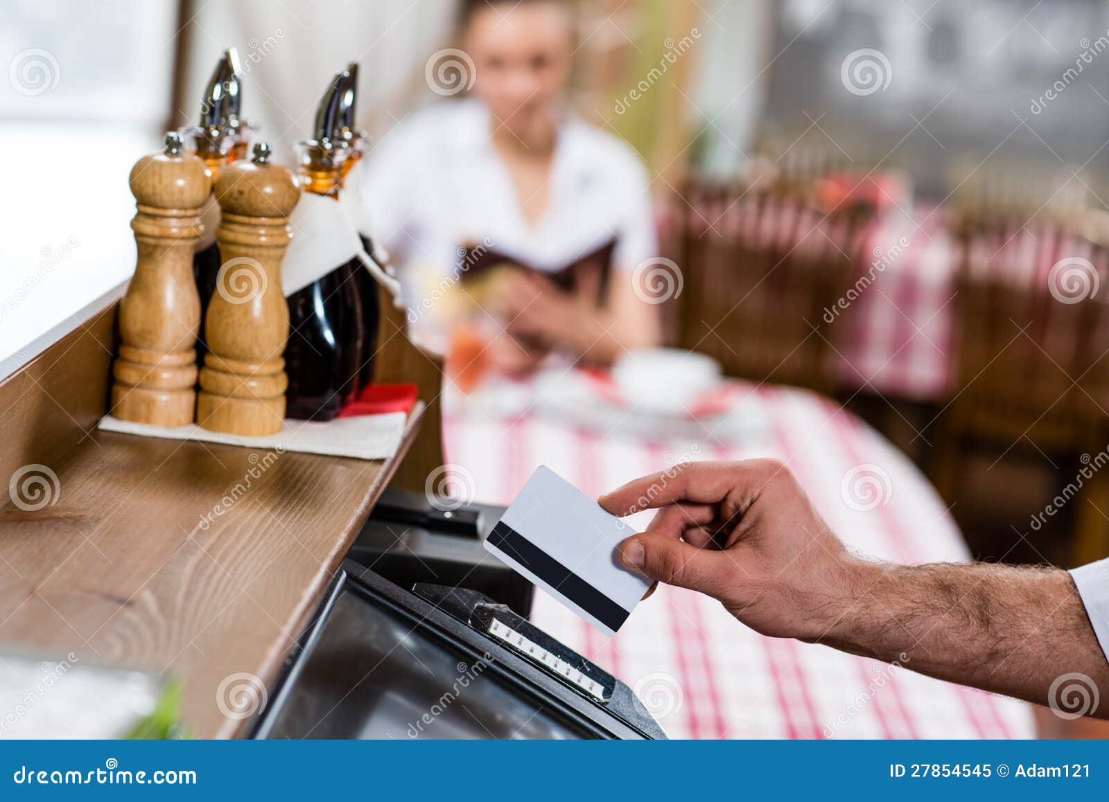 Waiter Inserts the Card into a Computer Terminal Stock Image - Image of ...