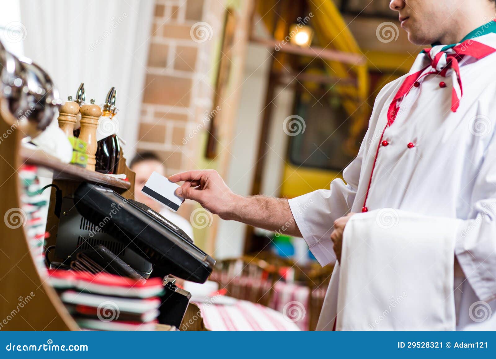 Waiter Inserts the Card into a Computer Terminal Stock Image - Image of ...