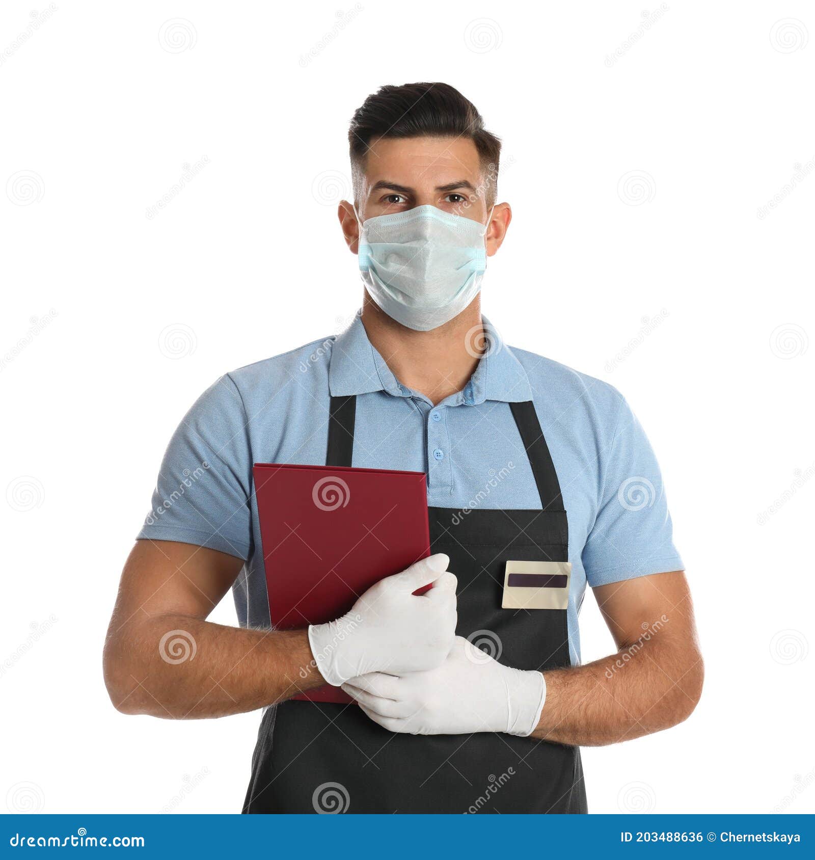 Waiter in Medical Face Mask with Menu on White Background Stock Photo ...