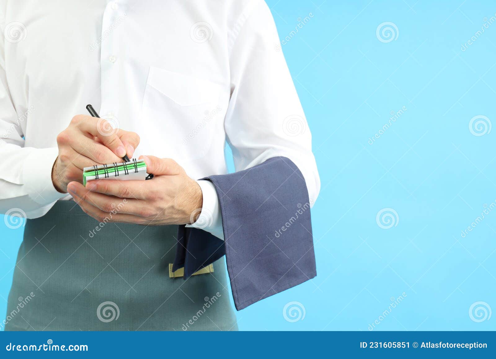 Waiter with Notebook on Blue Background, Space for Text Stock Image ...