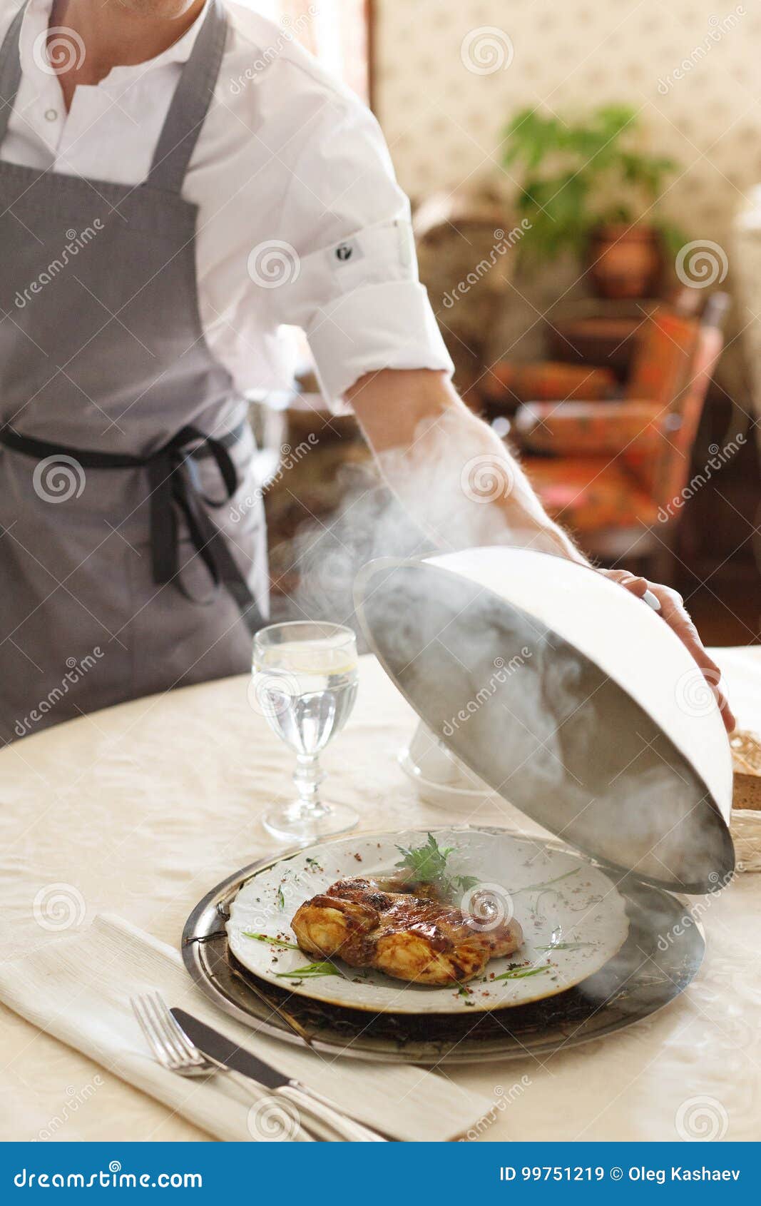 Waiter Opens the Lid of the Dish Stock Image - Image of open, hand ...
