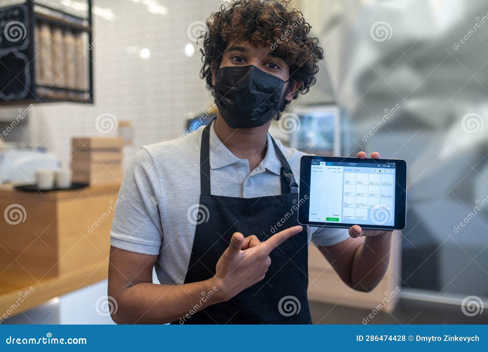 Waiter in Protective Mask Getting Onlibe Orders for Food Delivery Stock ...