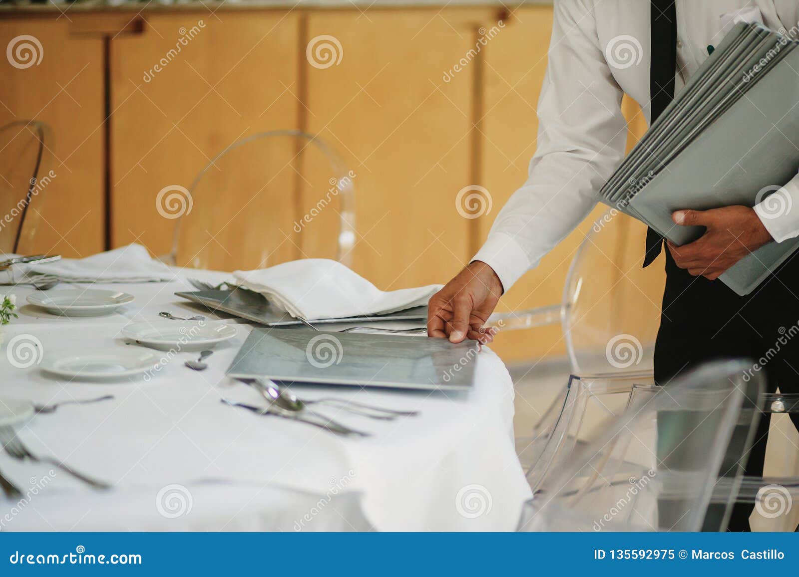 Waiter in Restaurant and Table Setup, Reception Layout Stock Image ...