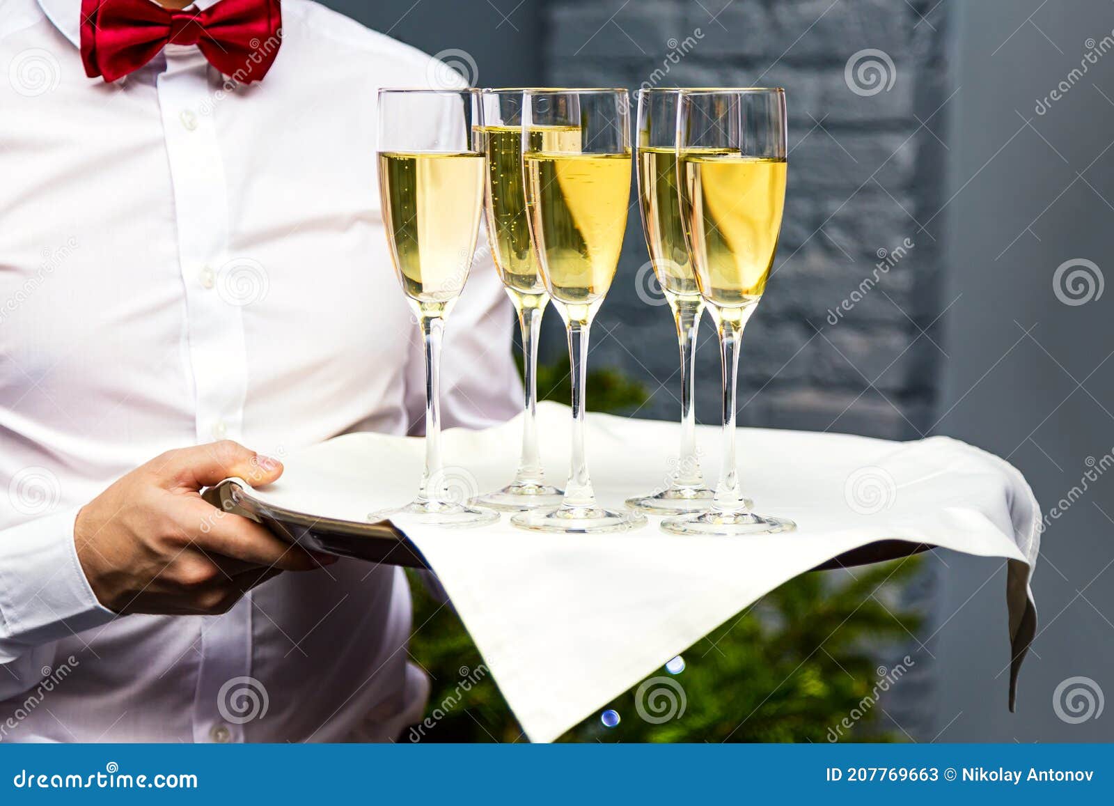 Waiter Serving Champagne Glasses on a Tray in a Restaurant Stock Image ...