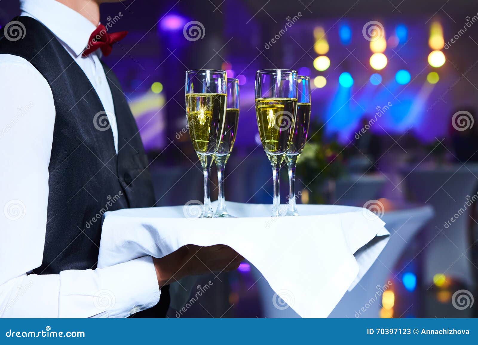 Waiter Serving Champagne on a Tray Stock Image - Image of flutes ...