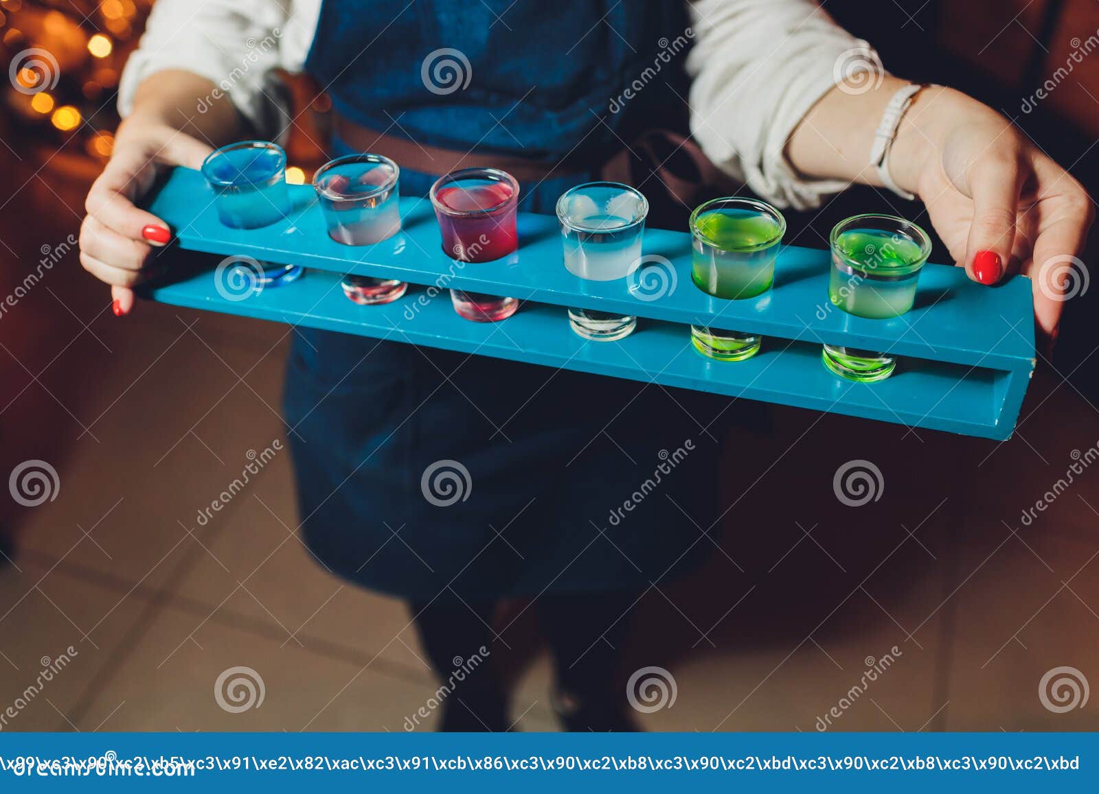 Waiter Serving Shots on a Wooden Tray. Stock Photo - Image of beverage ...