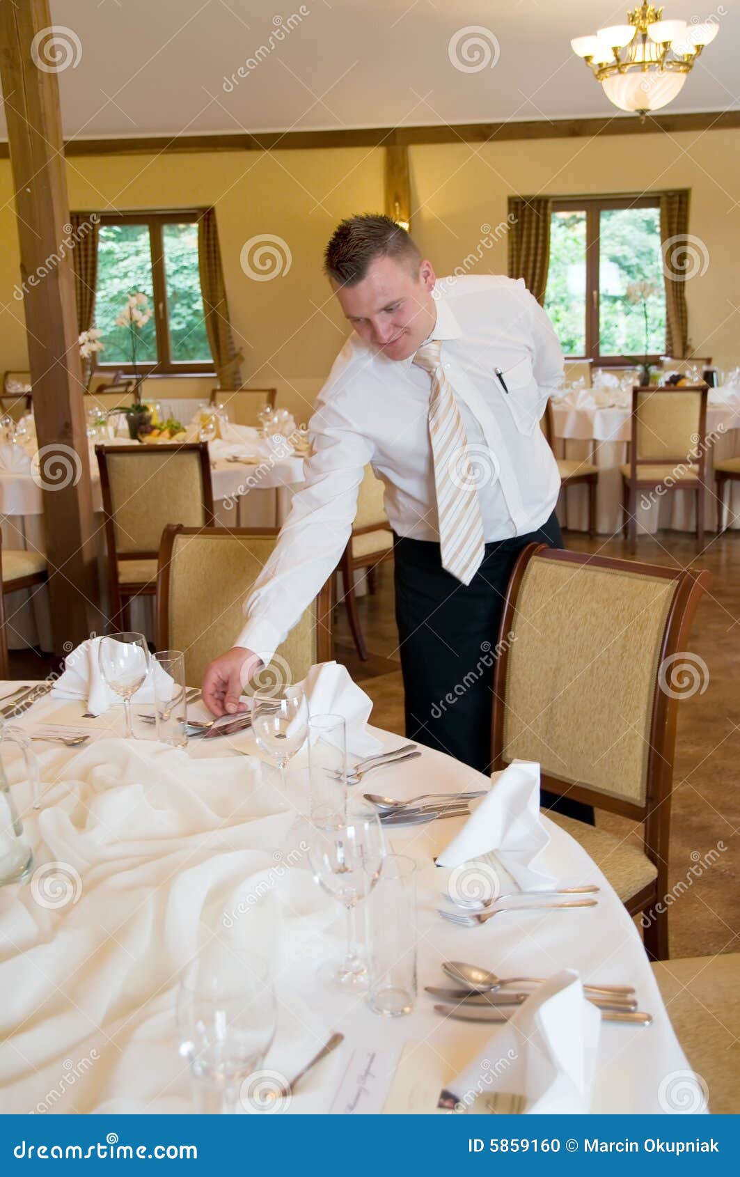 Waiter setting table stock photo. Image of food, flowers - 5859160