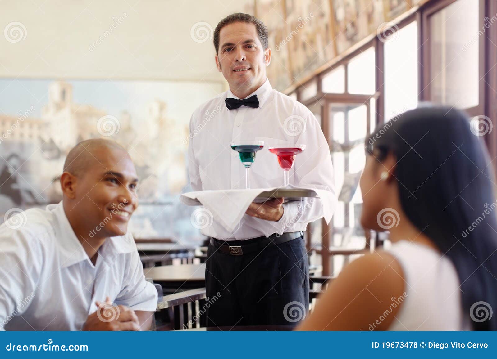 Waiter Standing with Tray in Restaurant Stock Photo - Image of brunette ...