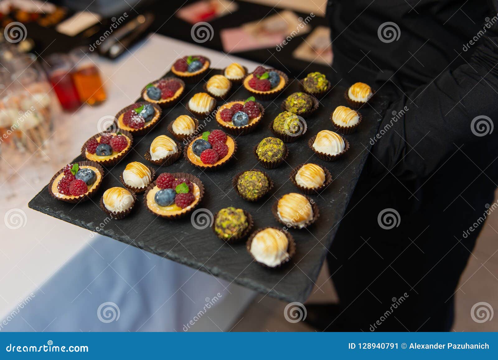 Waiter with Tray and Beautiful Desserts on it. Catering Serving Event ...
