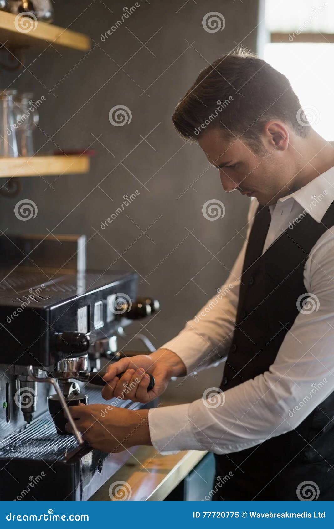 Waiter Using Coffee Machine Stock Image - Image of machine, adult: 77720775