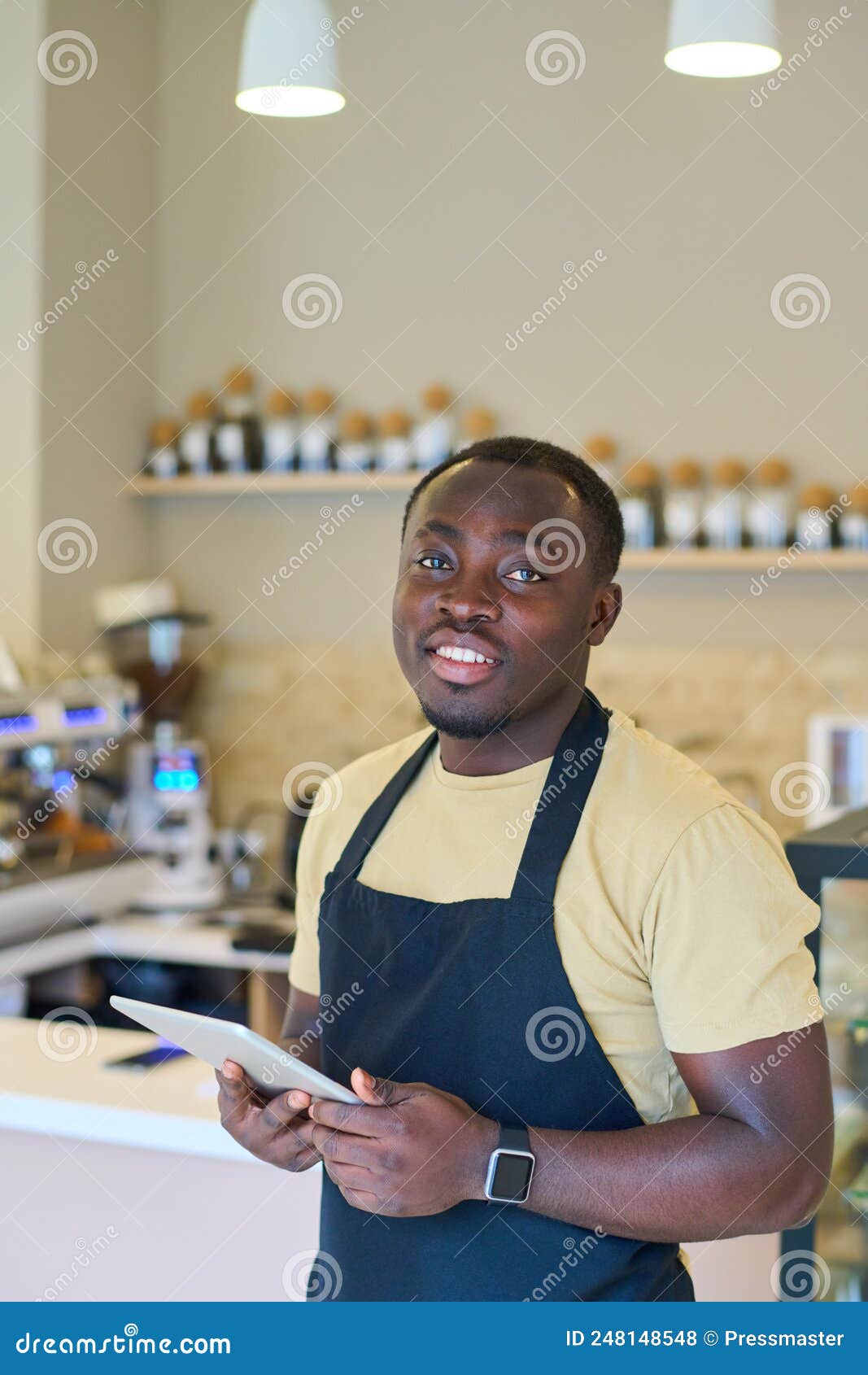 Waiter Using Tablet Pc at Work Stock Photo - Image of online ...
