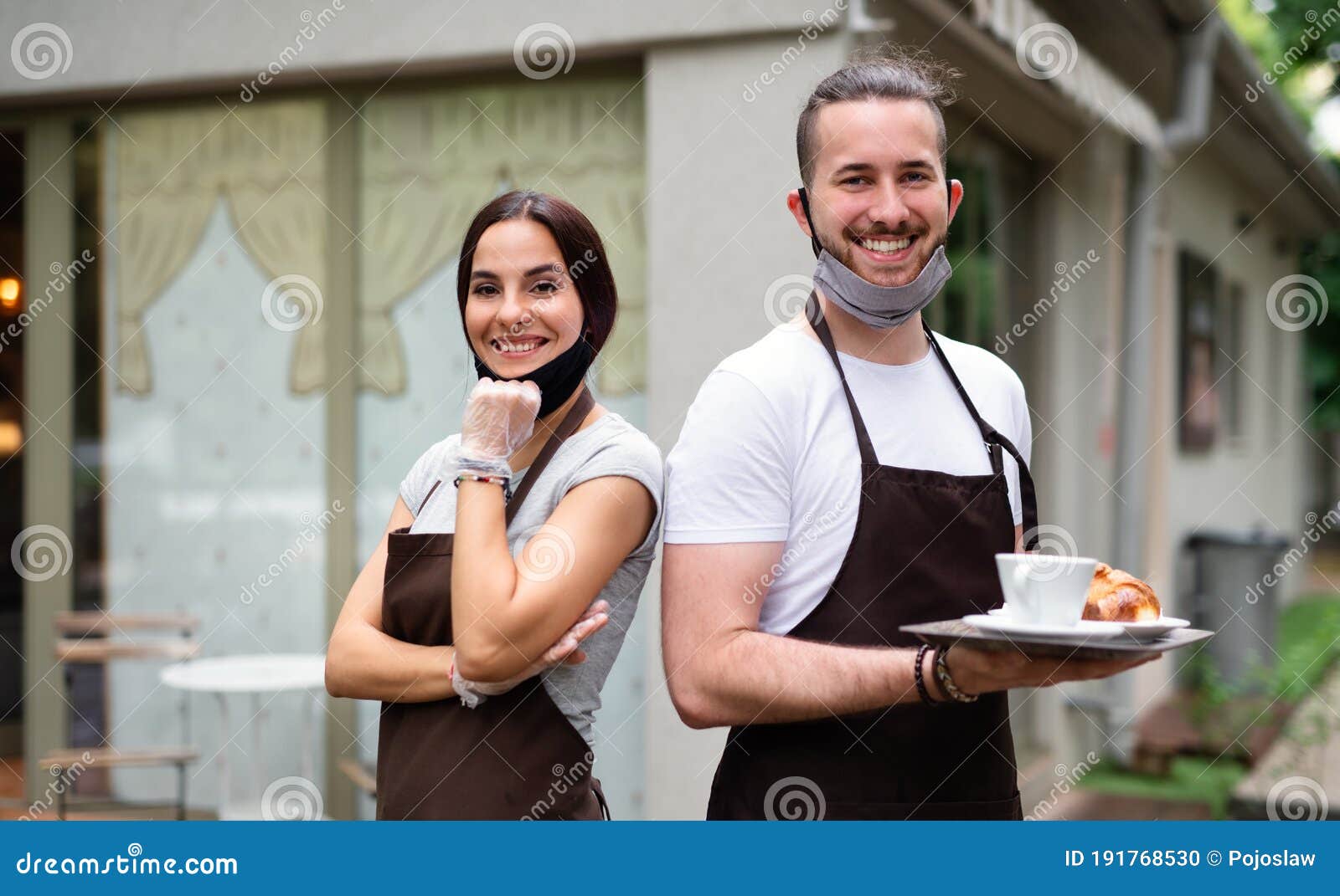 Waiter and Waitress with Face Mask in Cafe, Looking at Camera. Stock ...