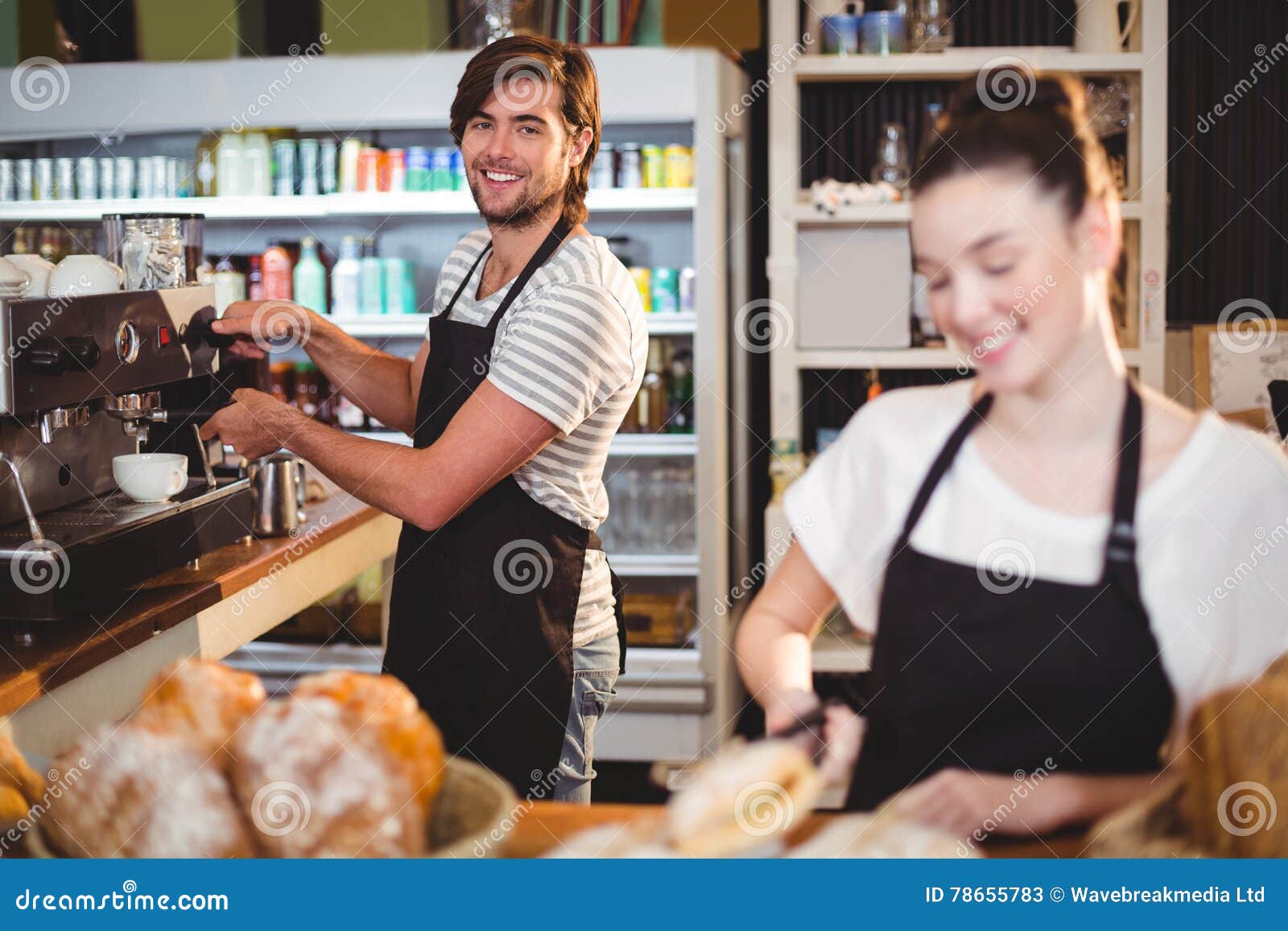 Waiter and Waitress Working Behind the Counter Stock Image - Image of ...