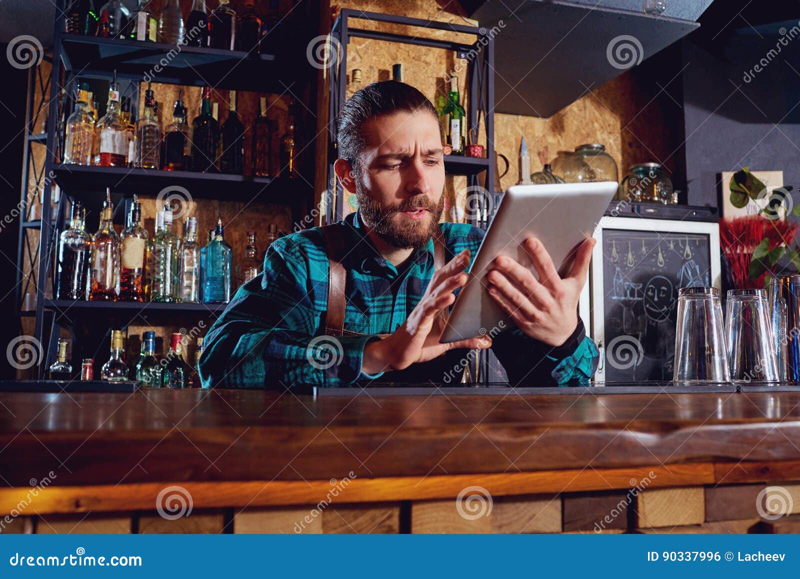 Waiters, Bartenders Barista Work with the Tablet in Cafe Bar Res Stock ...