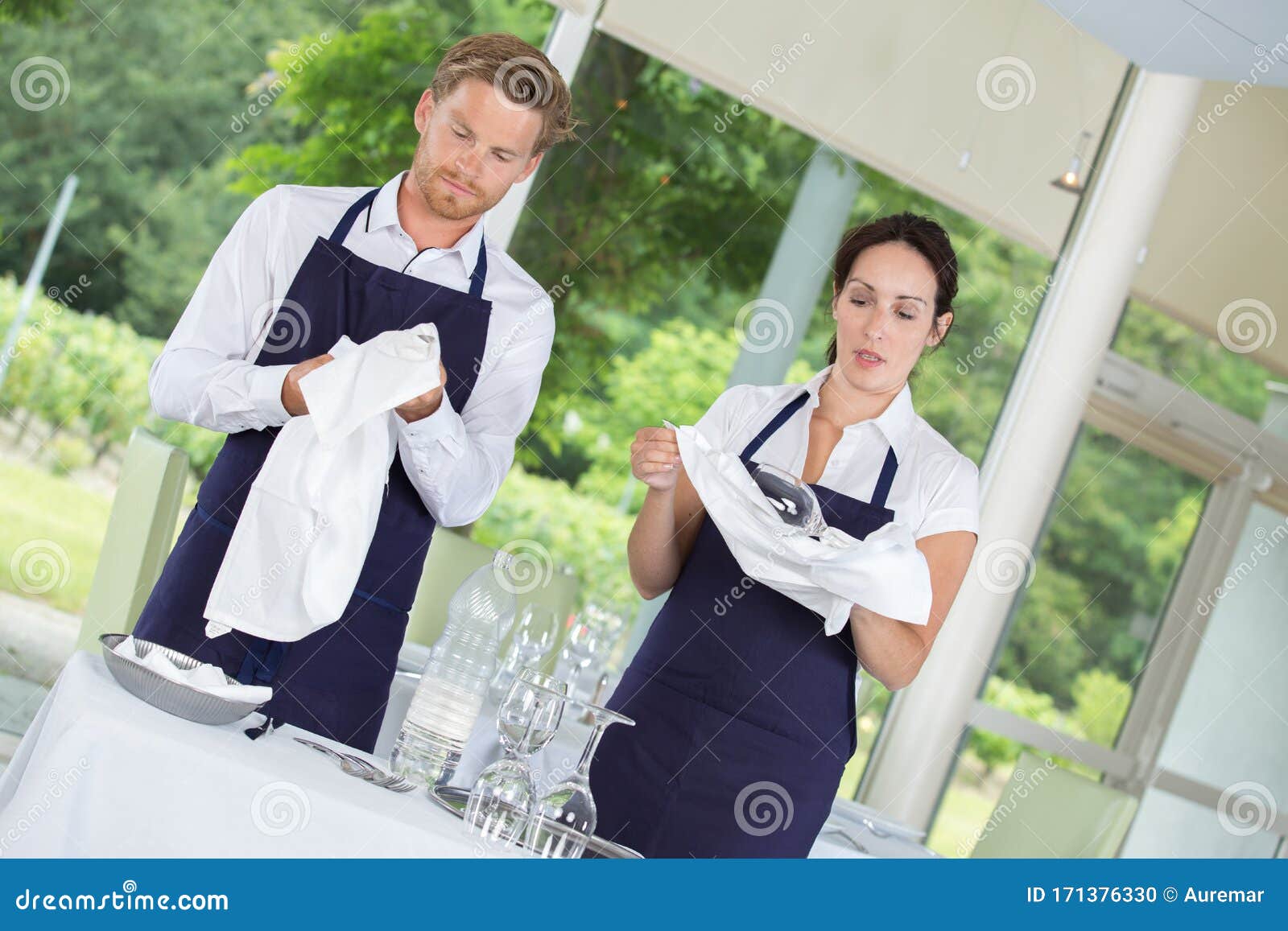 Waiters Setting Wedding Table at Restaurant Stock Photo - Image of ...