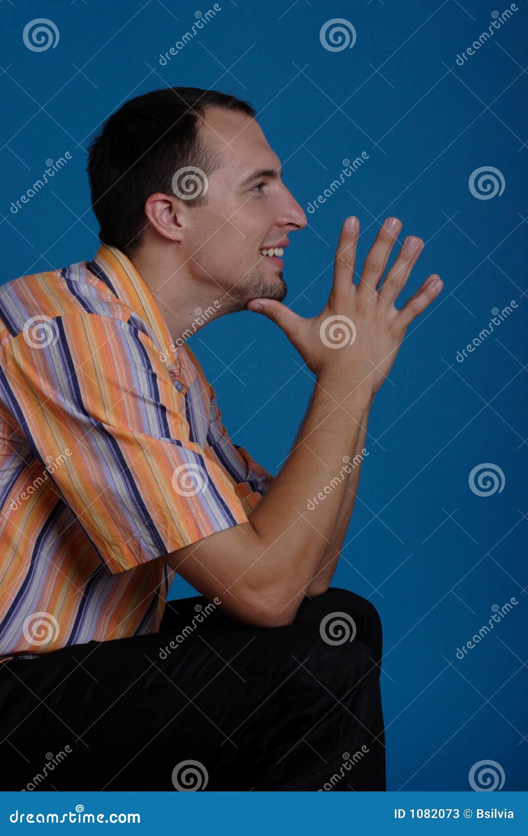 Waiting stock image. Image of shirt, look, happy, sitting - 1082073