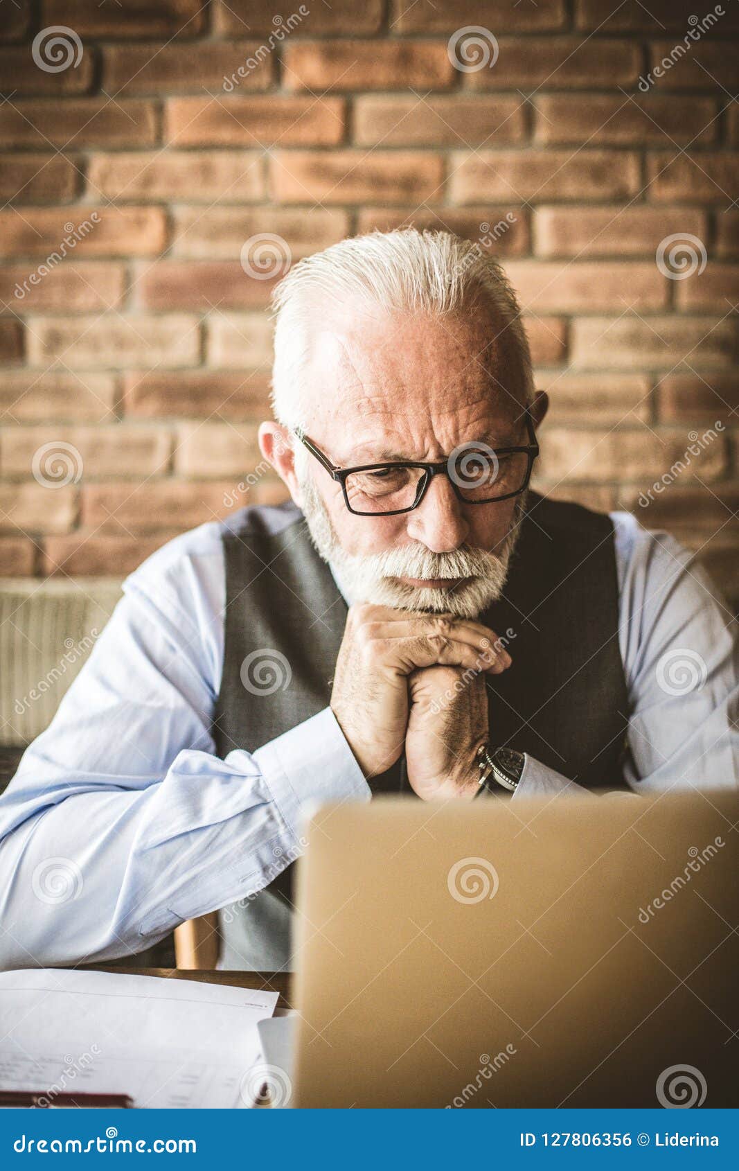 Waiting Answer. Mature Man Working on Computer. Stock Photo - Image of ...