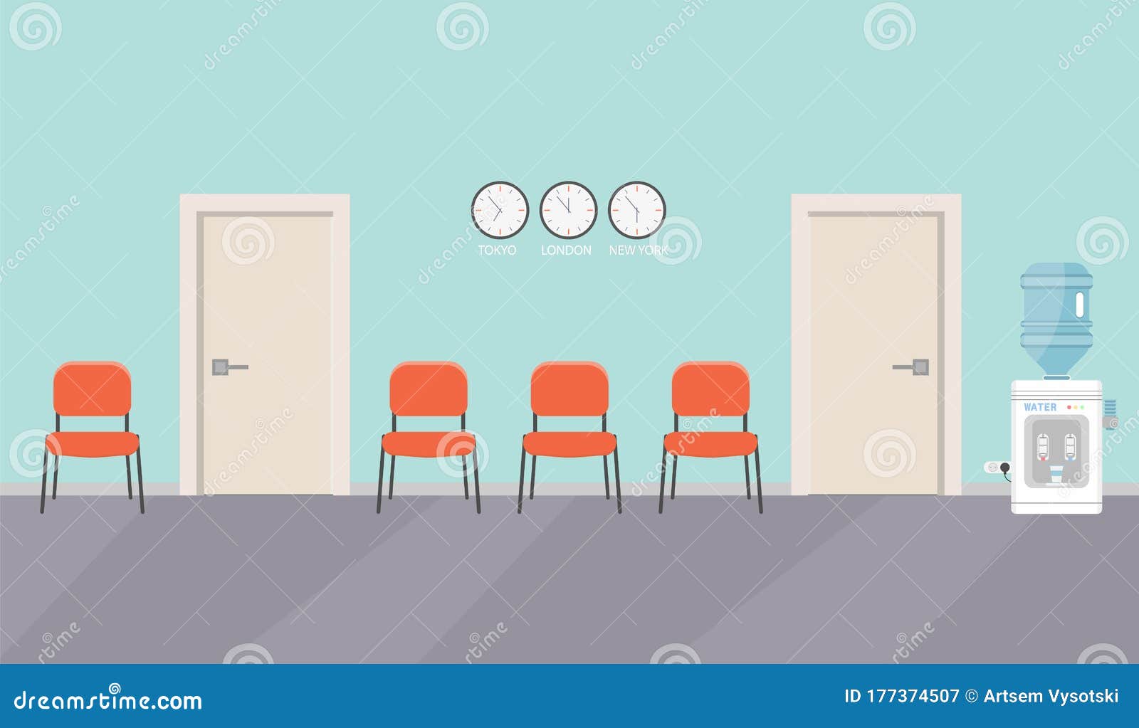 Waiting Hall with a Blue Wall. Corridor. There are Red Chairs, a Water ...