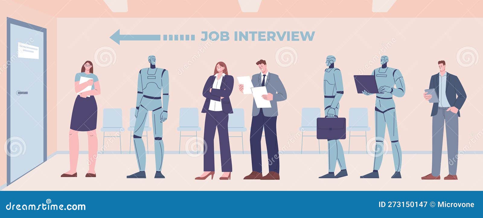 Waiting Line Employees, Queue To Job Interview. Cyborg Robot and Human ... Waiting Line Employees, Queue To Job Interview. Cyborg Robot and Human ...