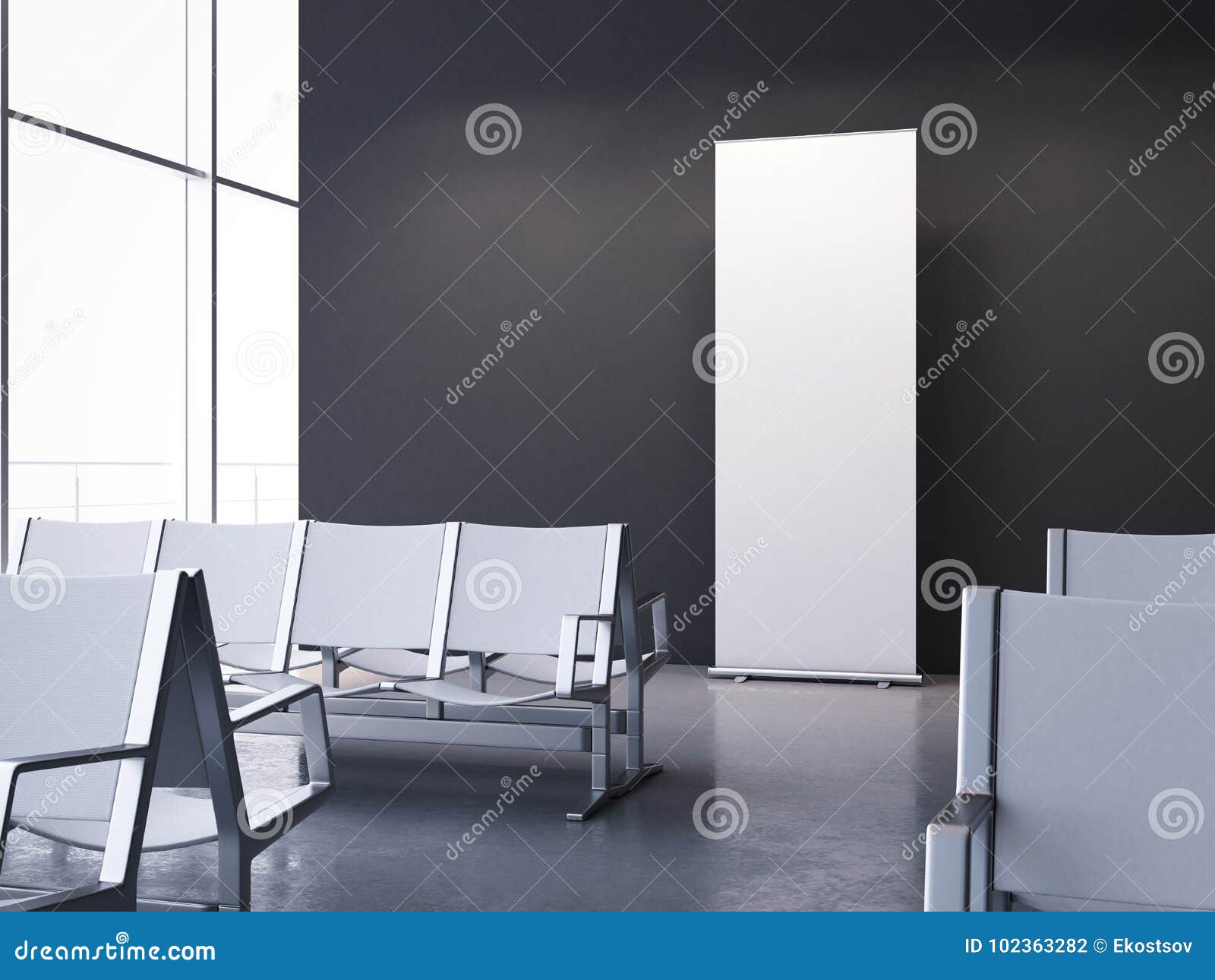 Waiting Room with Armchairs and an Empty Vertical Banner. 3d Rendering ...
