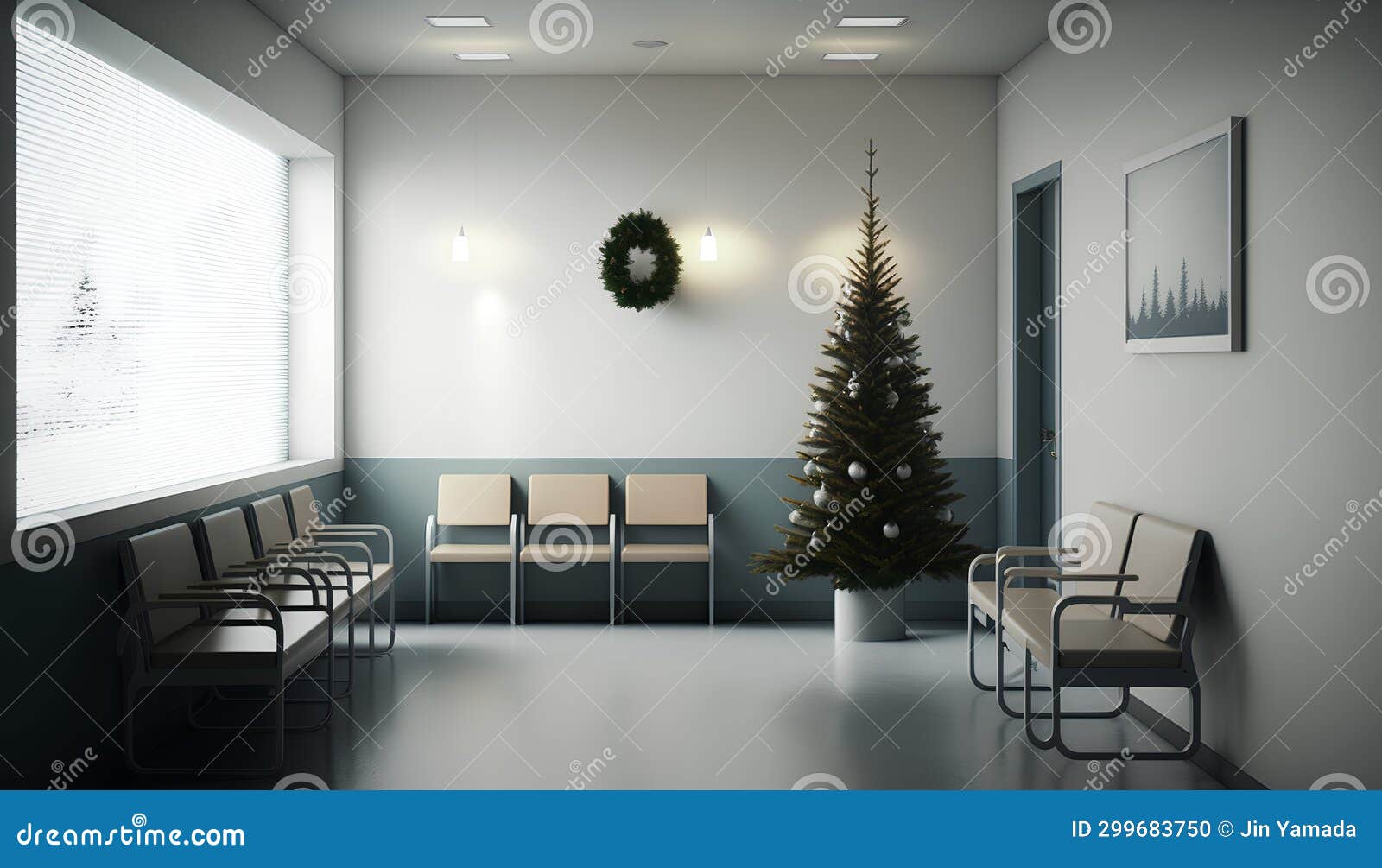 Waiting Room with Christmas Tree and Chairs. 3d Render Stock ...