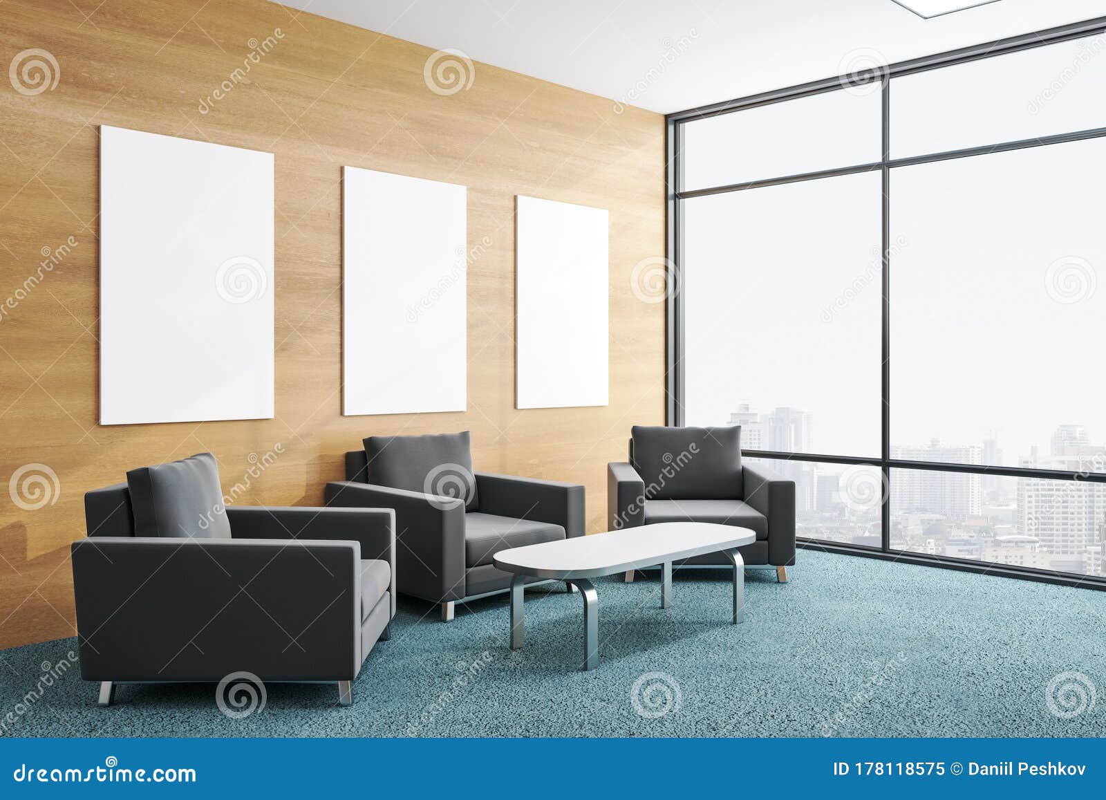 Waiting Room with Three Chairs and Blank Banners Stock Illustration ...