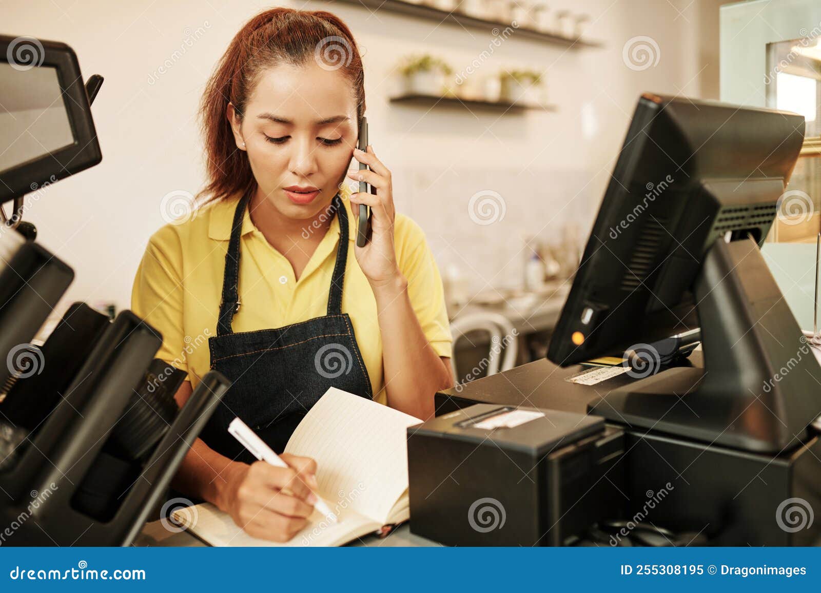Waitress Accepting Order Via Phone Call Stock Image - Image of apron ...