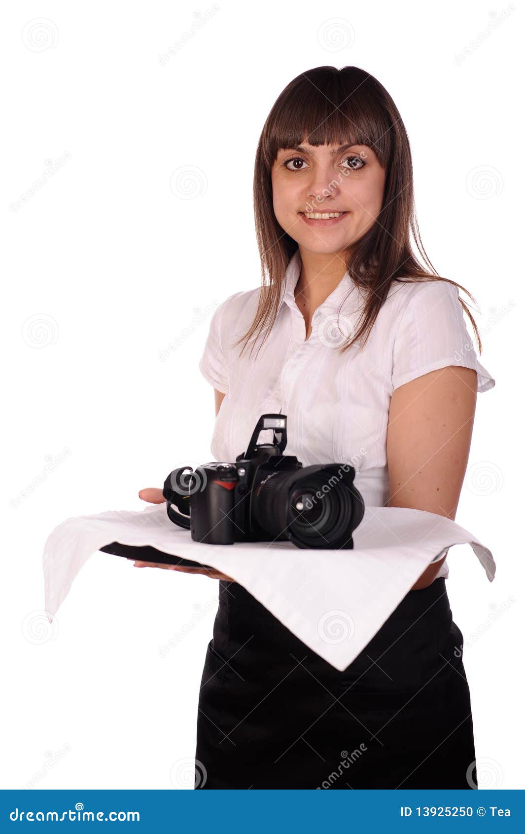 Waitress with Camera on the Tray Stock Photo - Image of female, holding ...