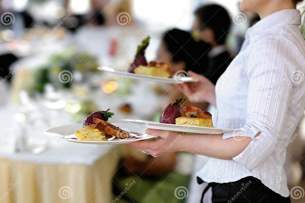 Waitress is Carrying Three Plates Stock Image - Image of room ...